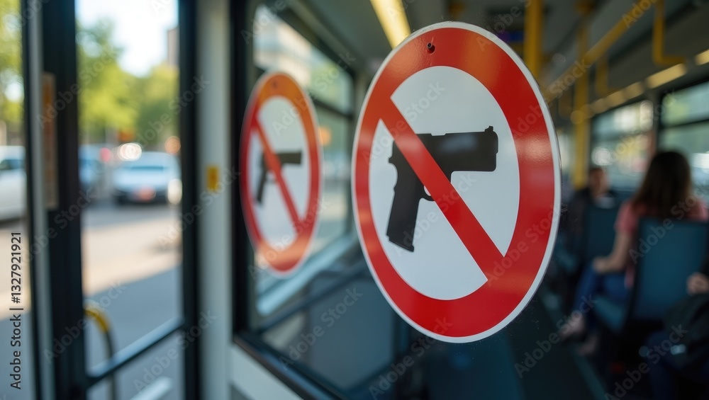 No weapons symbol displayed on a bus window. Public transportation ...