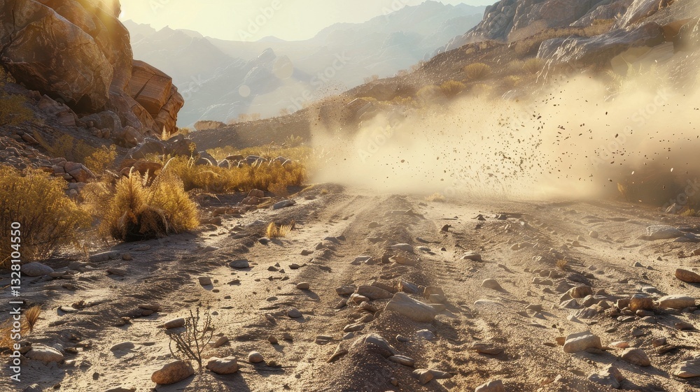 Dusty and rocky track leads through a dry riverbed landscape ...