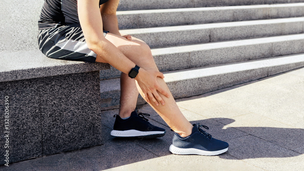 Leg injury while jogging. Guy with expression of pain on face, sits and ...