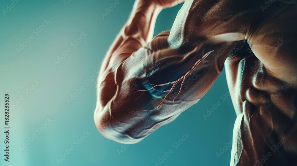 Muscular arm flexing with detailed veins and tendons visible ...