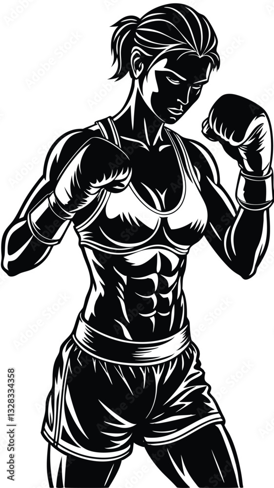 Female boxing player pose vector silhouette, isolated white background ...