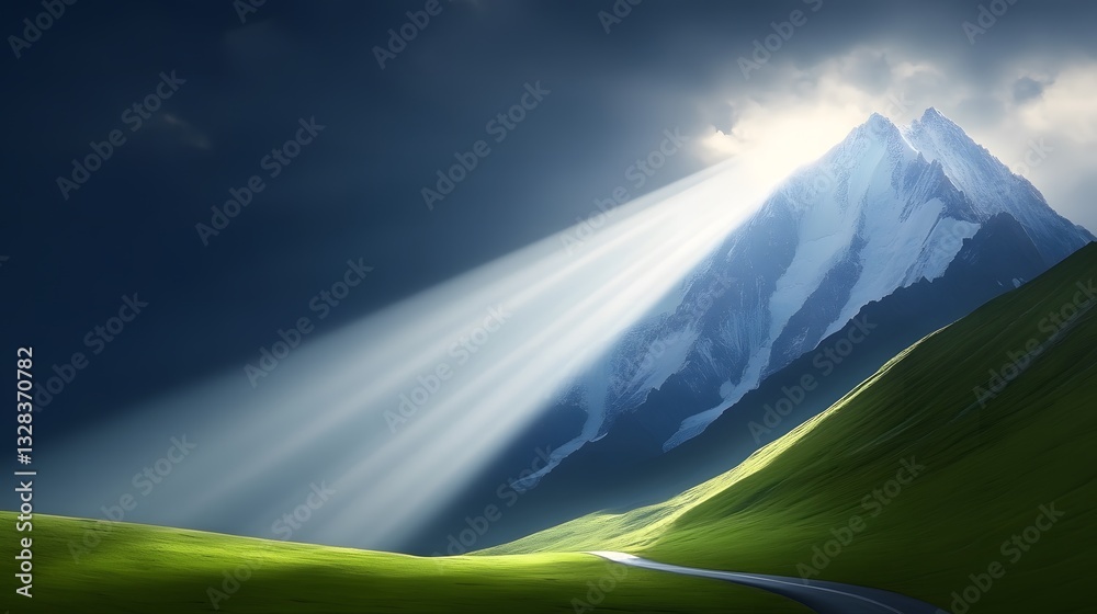 Majestic mountain landscape with sunlight breaking through clouds illuminating green hills at ...