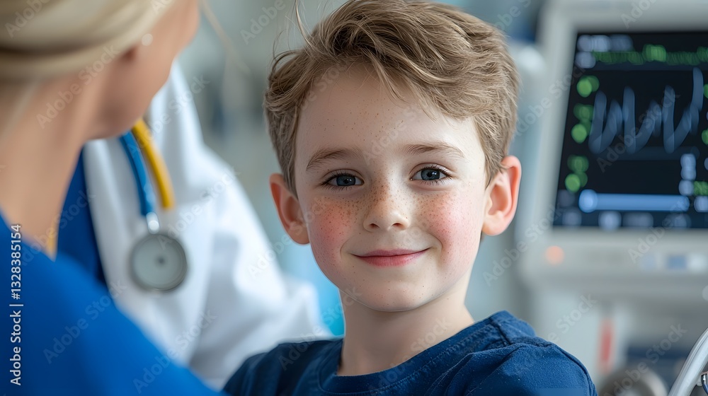 Young boy resting calmly on hospital bed as doctor and nurse conduct ...