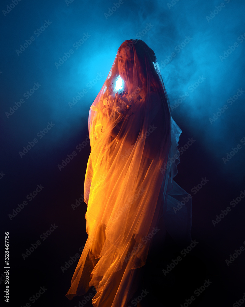 Cinematic portrait of beautiful female model wearing an ethereal veiled ...