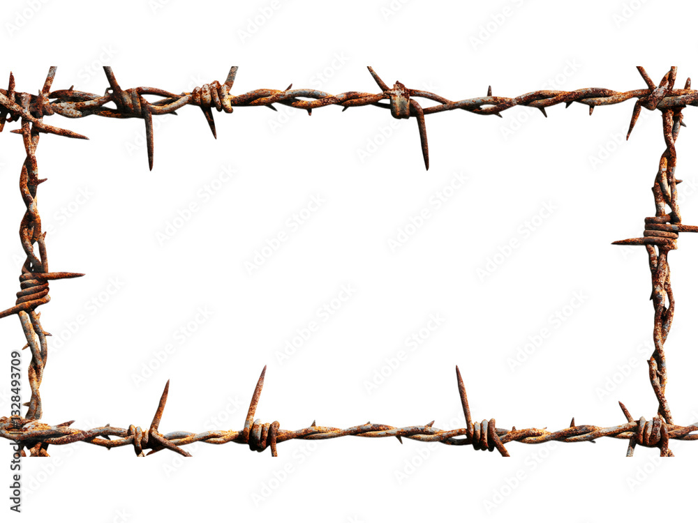 A rusted barbed wire border framing a transparent background space ...