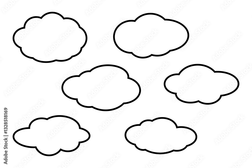 Cloud outline set with black contour isolated on white background. Hand ...