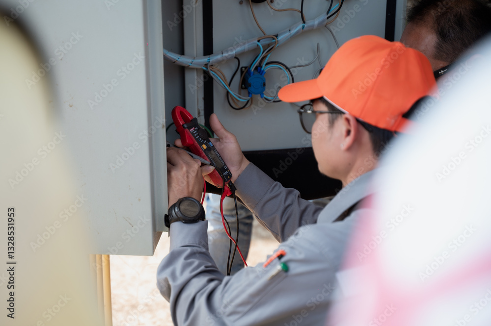 electrician wearing orange cap and gray uniform is using multimeter to ...