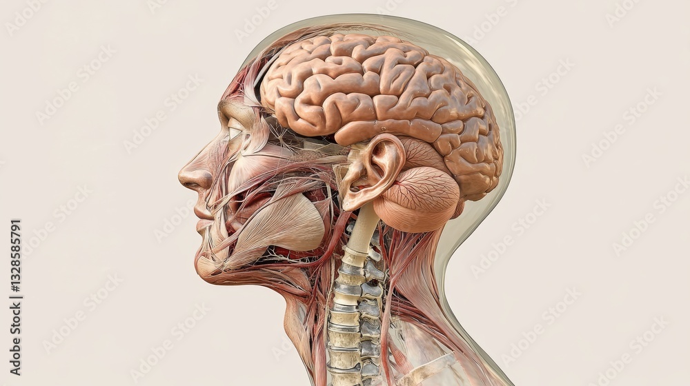 Detailed head profile anatomy, precise brain structure visualization ...