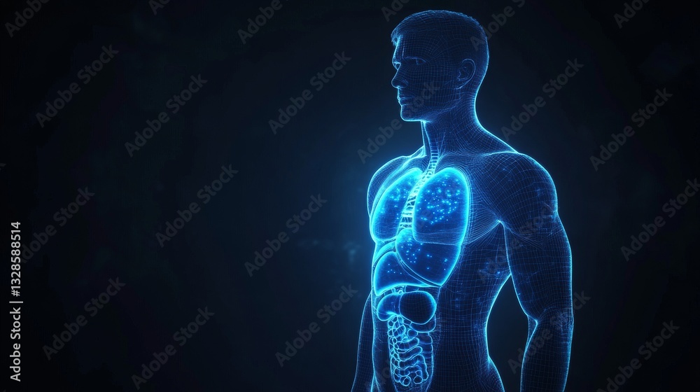 male figure anatomy study with highlighted pancreas system, ethereal ...