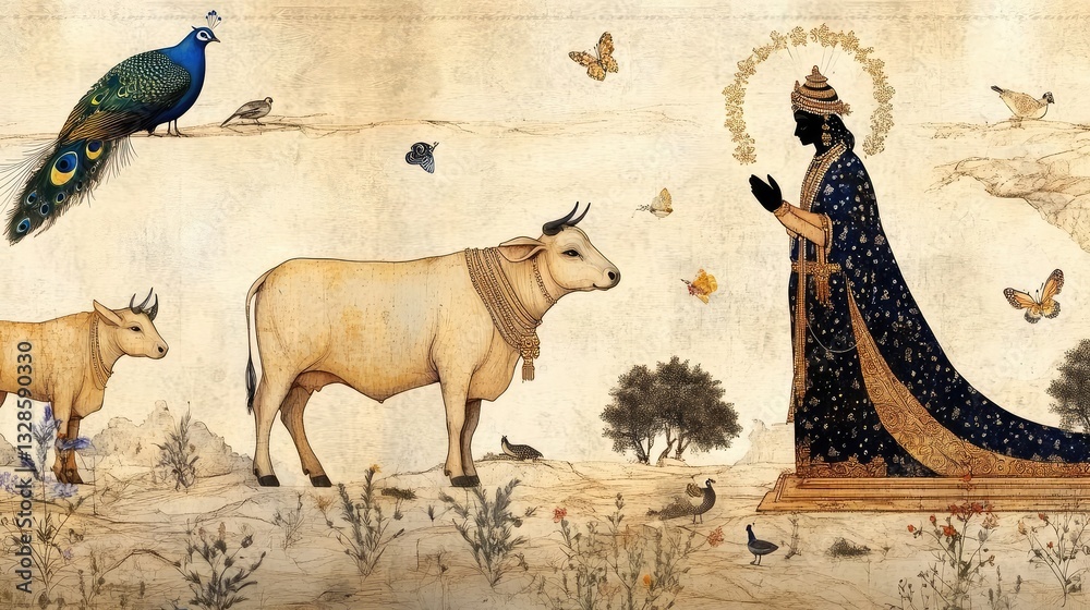 Detailed Pichwai painting of Shrinathji with cows and peacocks ...
