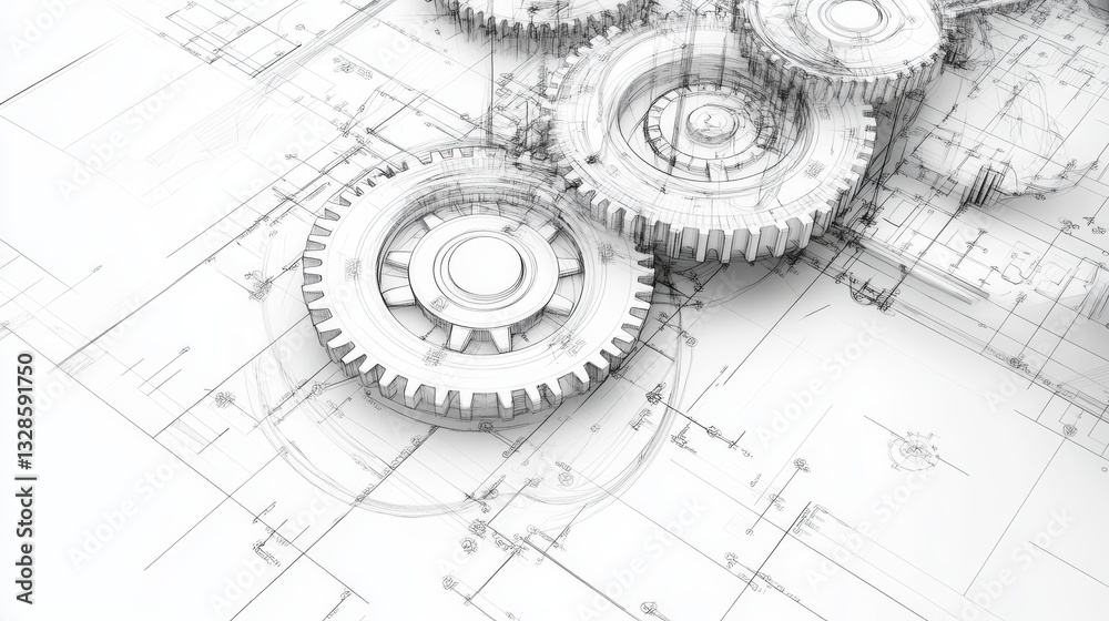 Sophisticated mechanical drawing composition, detailed gear assembly ...