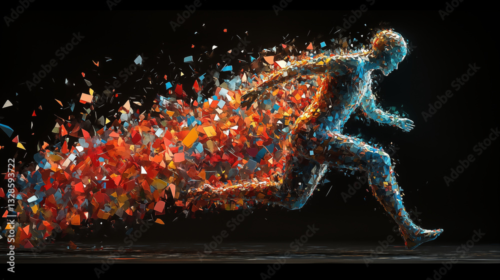 Human figure running with colorful fragmented particles dispersing from ...