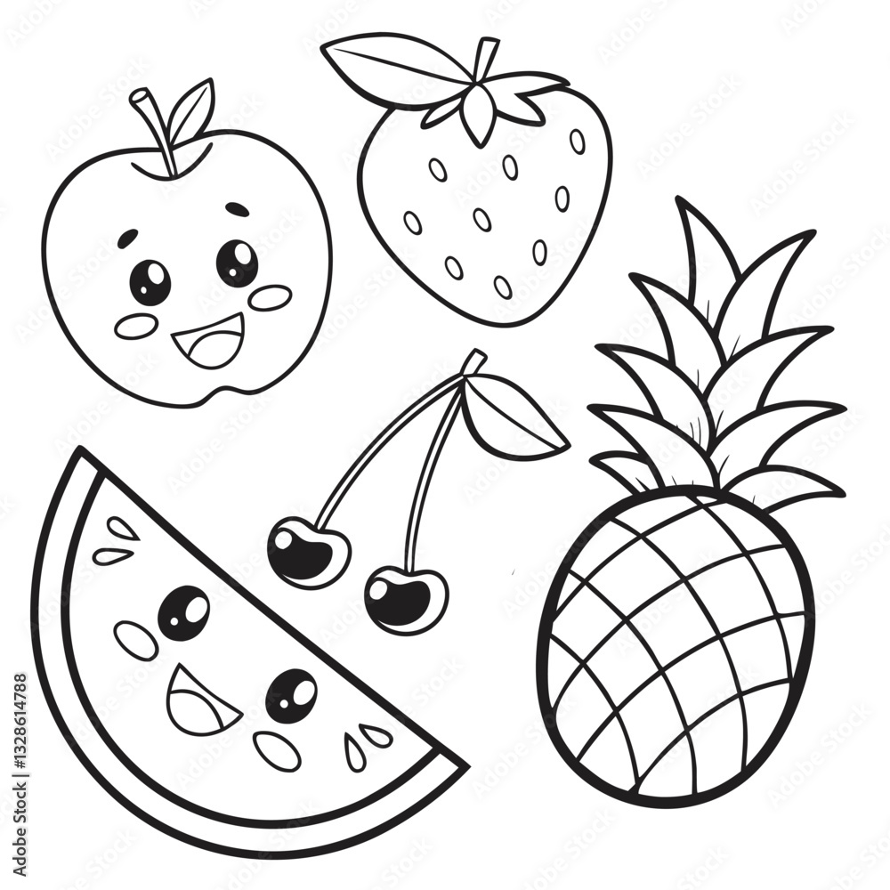 Cute fruits coloring page line art for kids background coloring picture ...