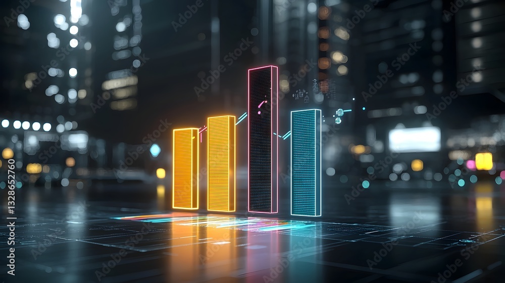 Futuristic neon bar chart with five semi transparent glowing bars pulsating with a vibrant ...