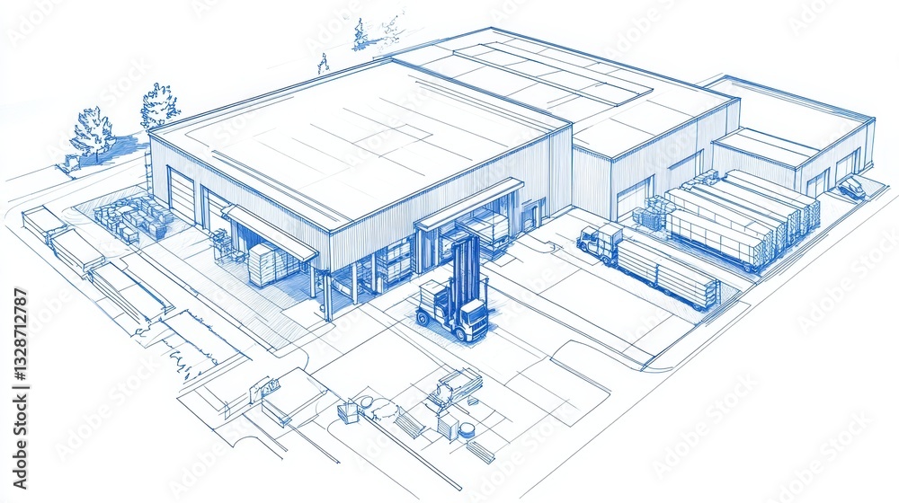 A warehouse blueprint with logistics planning, forklift routes, and ...
