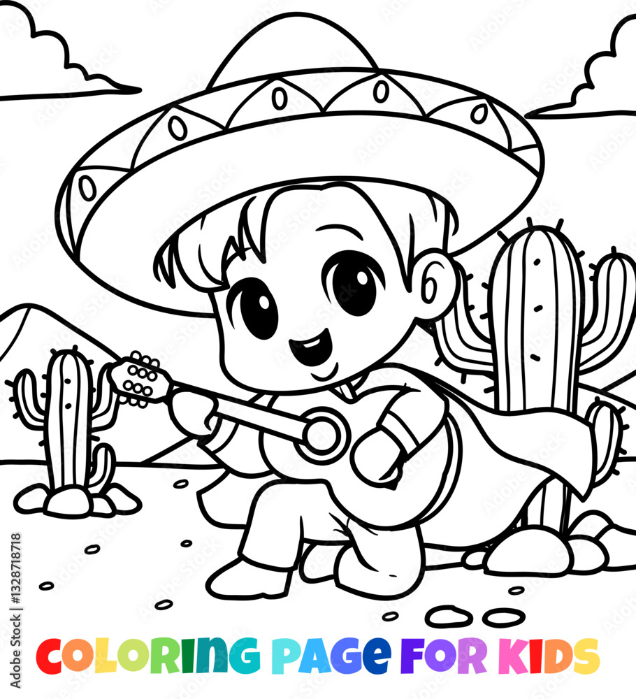 Happy Mexican kids playing guitar coloring page outline illustration ...