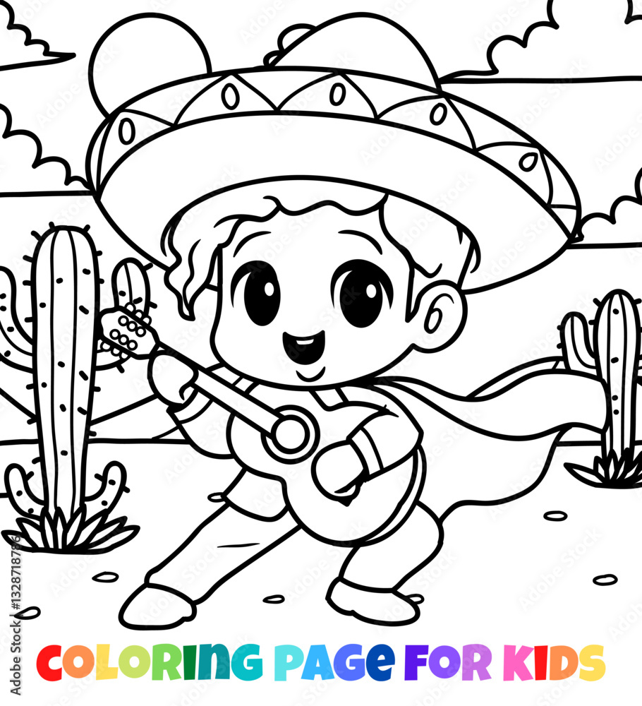 Cute Mexican kids playing guitar coloring page outline illustration ...