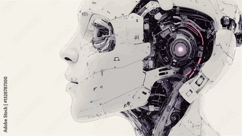 Close-up profile view of a cyborg head and neck. The image features a ...