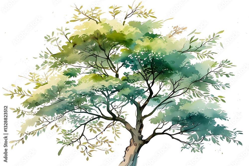Hand-drawn watercolor vector tree top view, isolated on white background, perfect for landscape ...