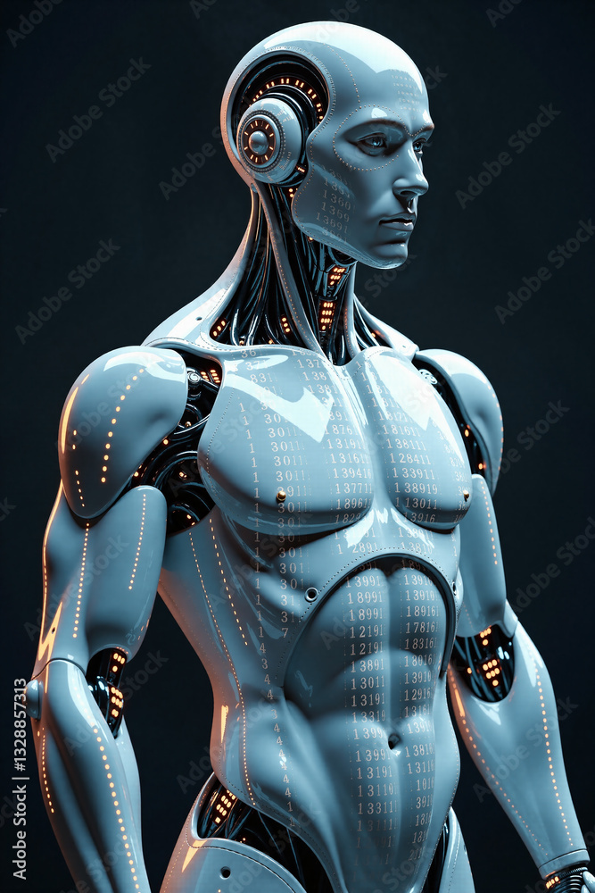 Robotic male torso covered in holographic programming codes - Generative AI Stock Illustration ...