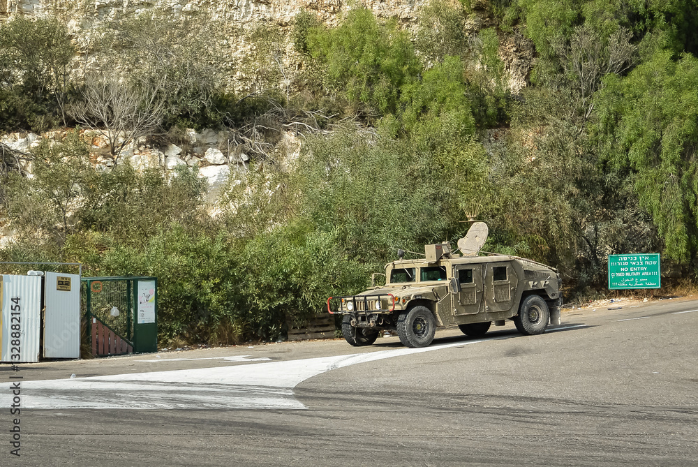 Convoy of armored vehicles Israeli airmobile brigade in patrol ...