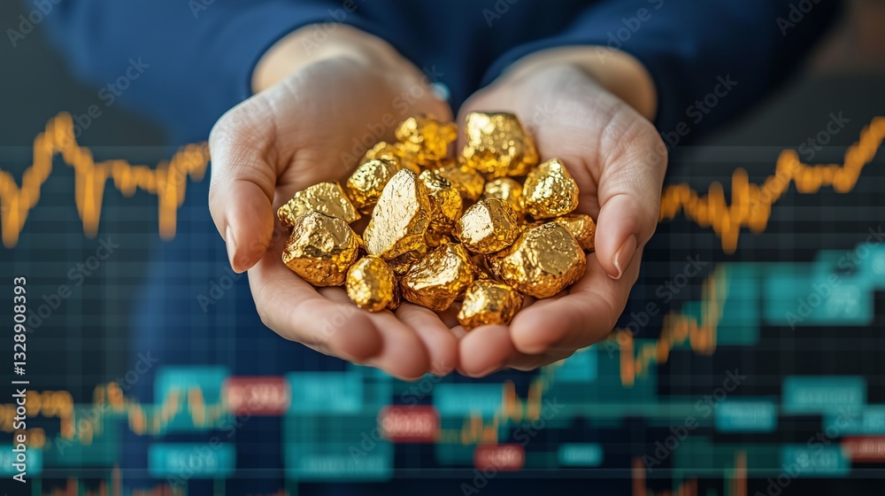 Hands holding gold nuggets over stock market graph symbolize wealth management and investment ...