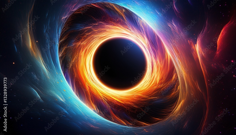 Black hole emitting an aura of pure energy, bending light and color around it, creating a cosmic ...