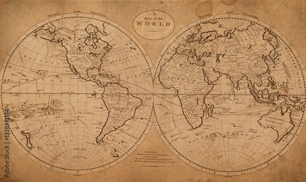 Old geographical map of the world of the 18 century. Collage. A good ...