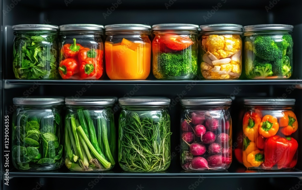 Healthy lifestyle concept, refrigerator shelves packed with prepped ...