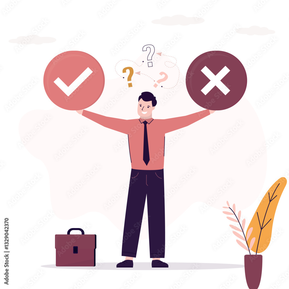 Businessman holding check mark and cross signs. Yes or no icons. Choice ...