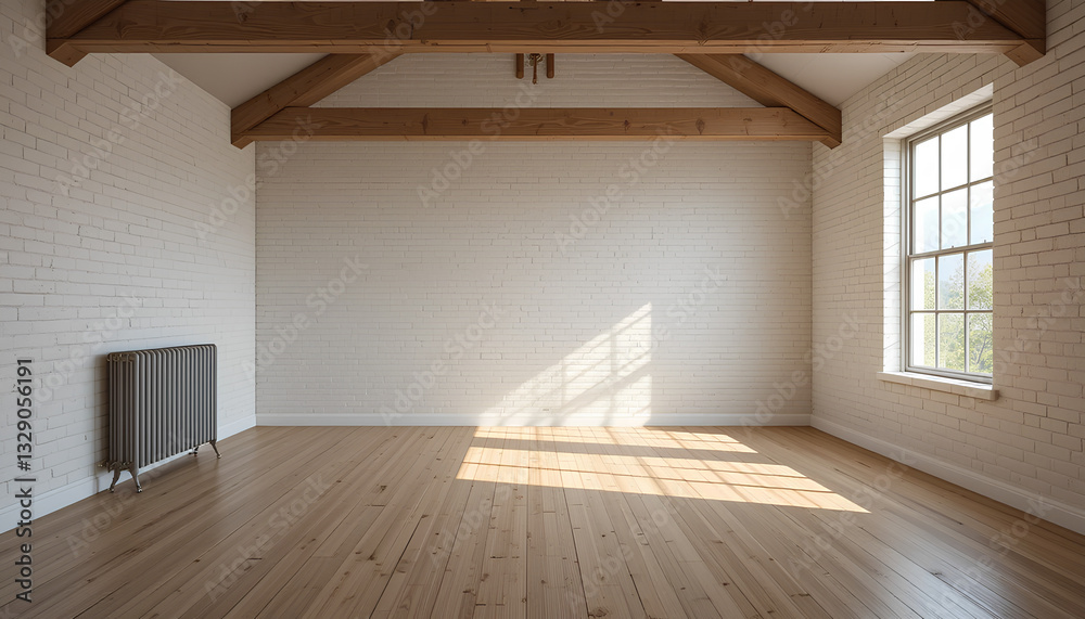 Modern farmhouse empty room with exposed wooden beams and white brick ...