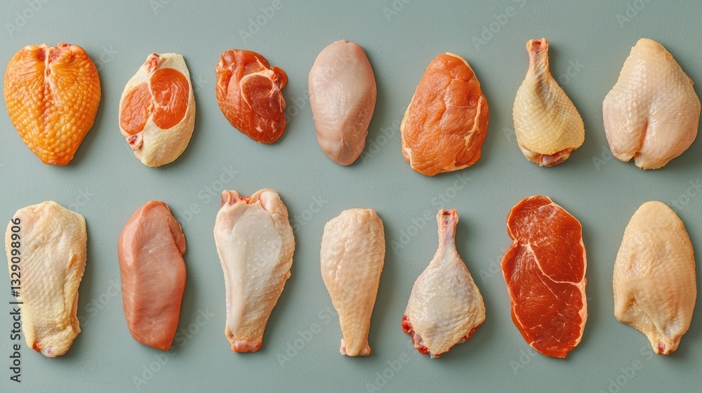 Chicken part concept. A detailed diagram of various raw chicken cuts ...
