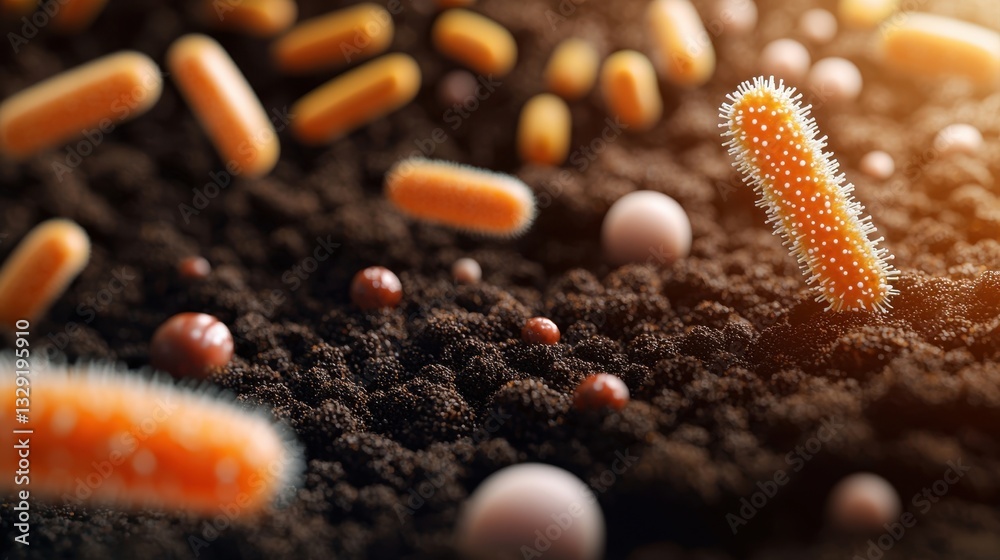 Soil science and soil fertility concept. Microscopic view of bacteria ...