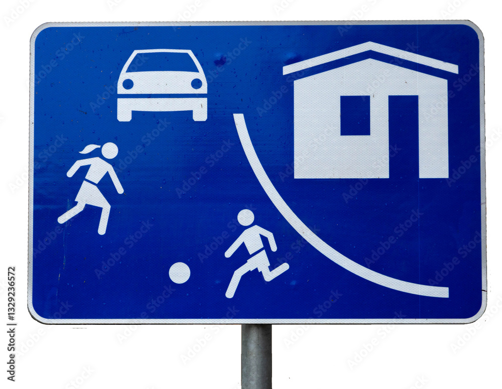 Home zone. A blue, square traffic sign. It depicts silhouettes of a car ...