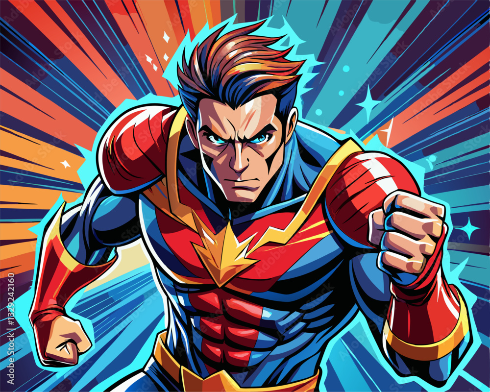 Powerful superhero with outstretched arms, dynamic comic book style ...