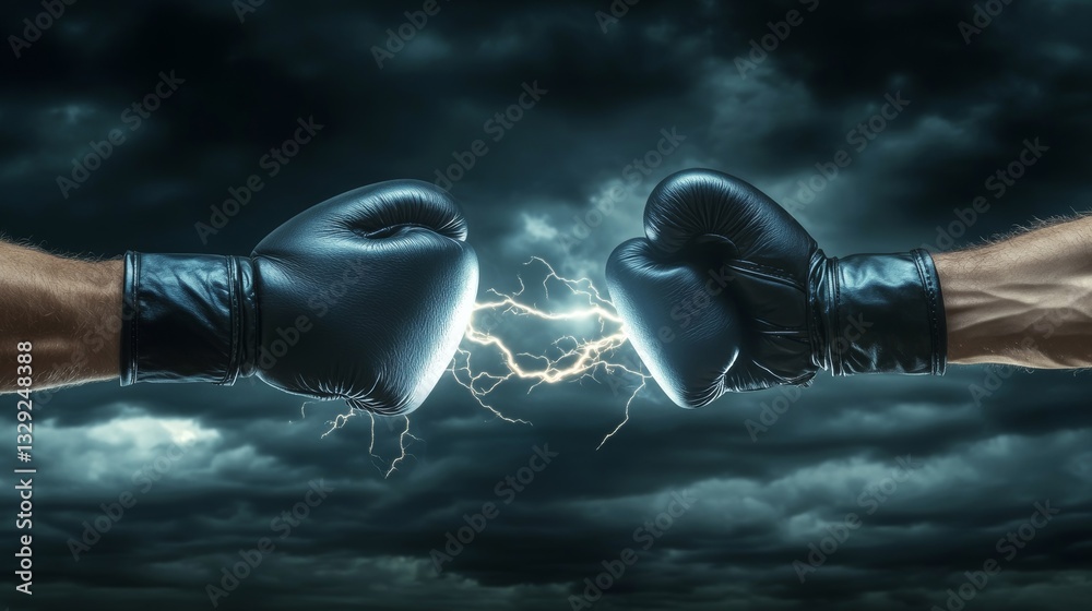 Two hands wearing boxing gloves collide with explosive energy ...