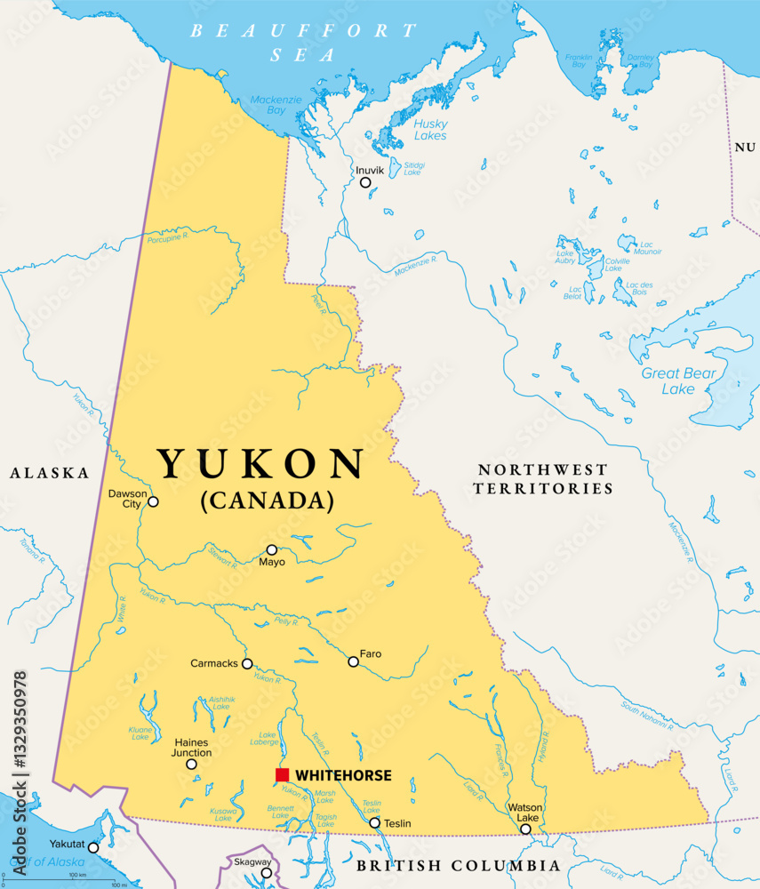 Yukon, westernmost territory of Canada, political map, with capital ...