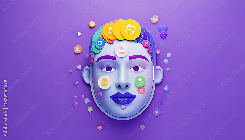 Digital face emotion display virtual space graphic art abstract front ...