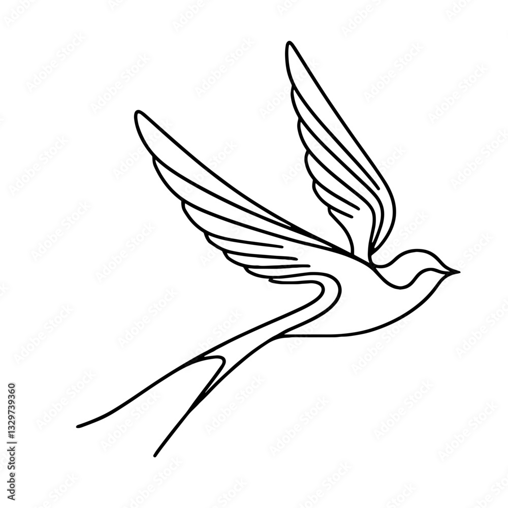 Flying bird swallow, vector, black line drawing, minimalistic, single ...