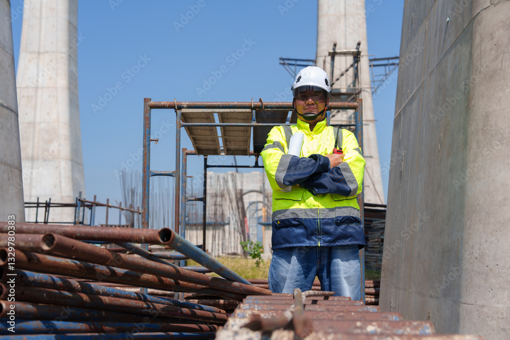 Asian architect engineer wearing safety uniform surveying and working ...