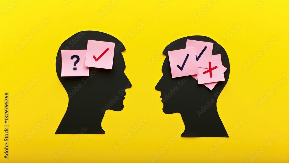 Dilemma of right and wrong. Process of decision making. Sticky notes in ...