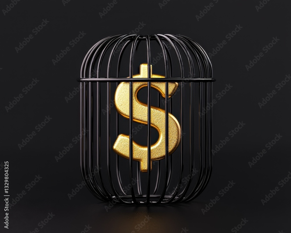 Money prisoner concept Gold dollar symbol trapped inside a black cage ...
