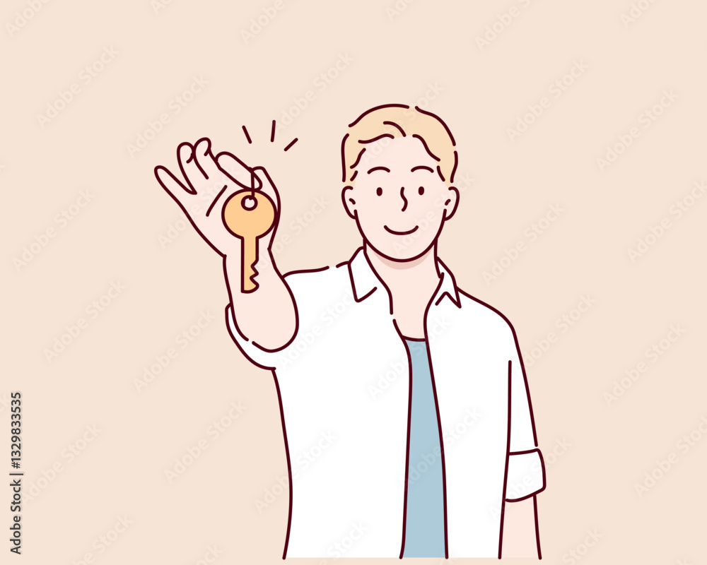 Smiling man renter or tenant holding key in hands. Happy female ...