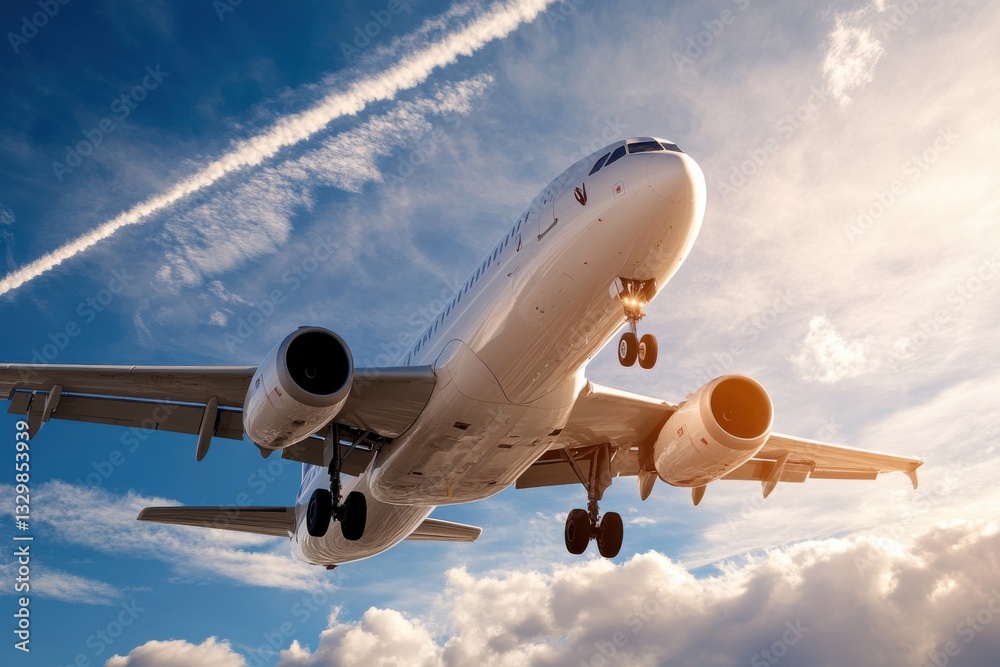 Airplane climbing to higher altitude, powerful jet engines pushing ...