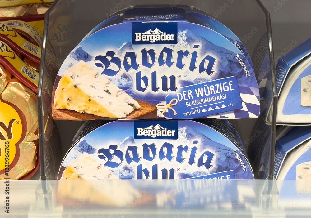 Bavaria blu cheese display in store with packaging design and brand ...