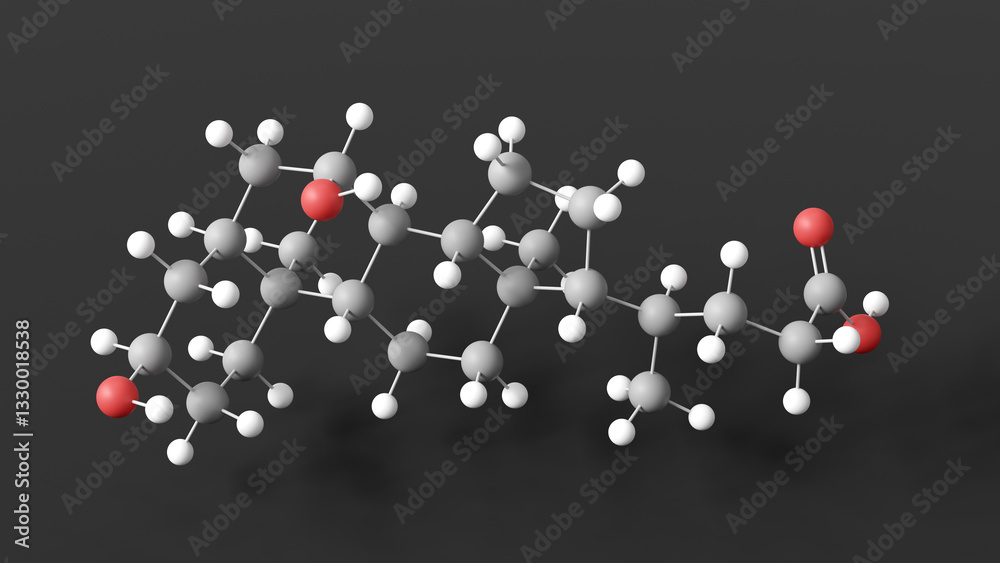 chenodeoxycholic acid molecule 3d, molecular structure, ball and stick ...