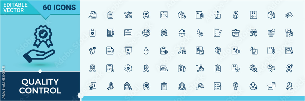 Set of Quality Control line icons. Containing certification, product, standard, certificate ...
