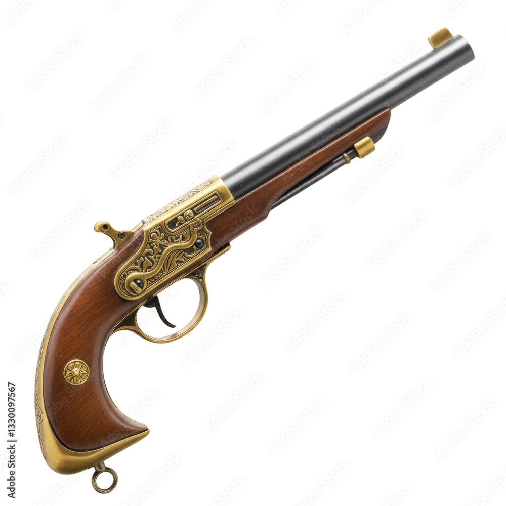 Antique Percussion Cap Pistol, Ornate Brass Details and Wooden Handle ...