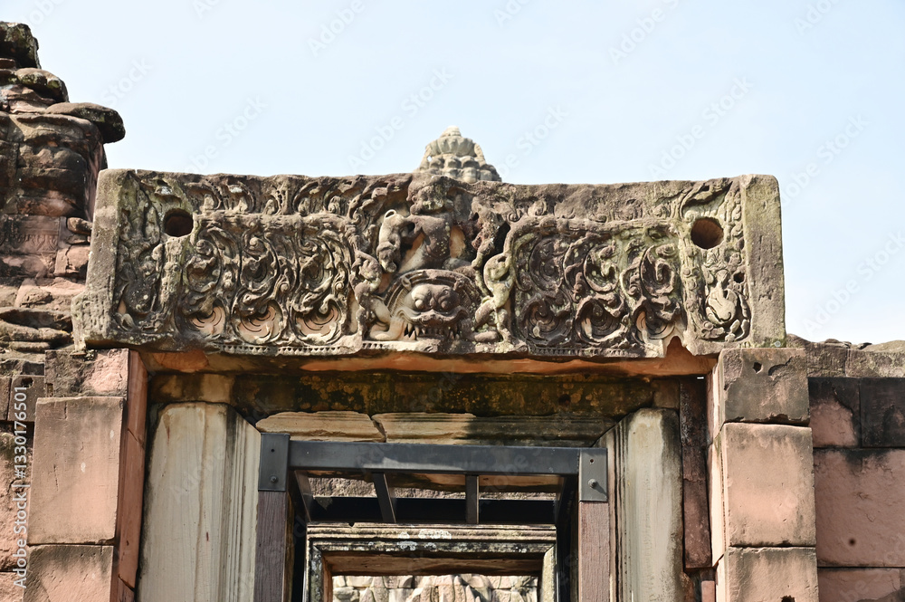 Storytelling paintings on the lintel and pediment on the Main Prasat of ...