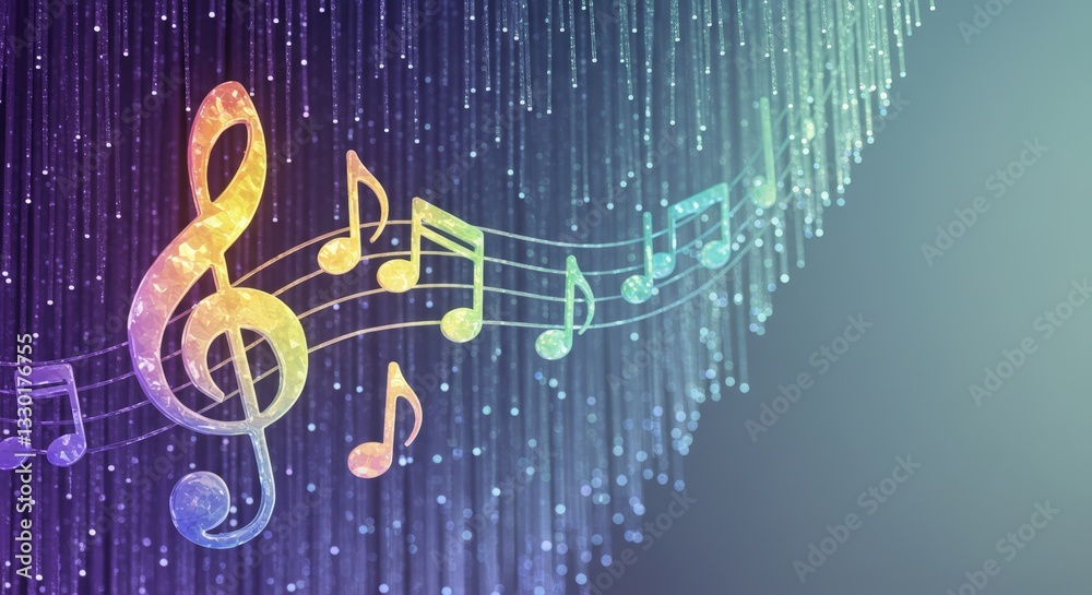 Rainbow musical notes on stave flowing with lights. Colorful music ...